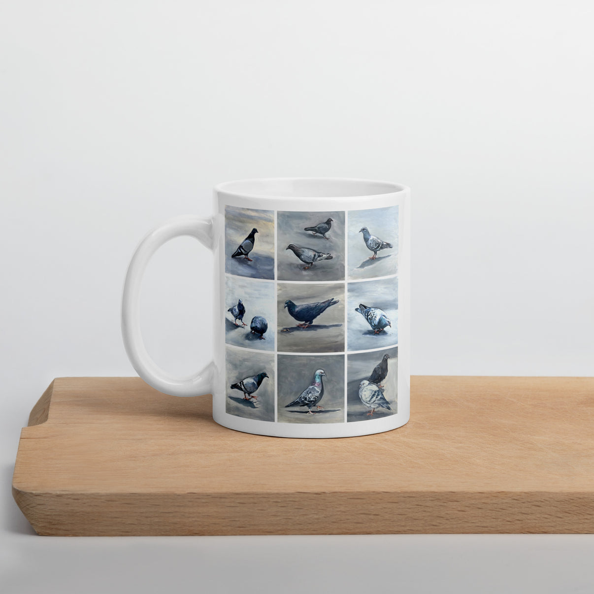 Elegant White Glossy Mug with Twelve Pigeons Design – Urban Pigeon Project